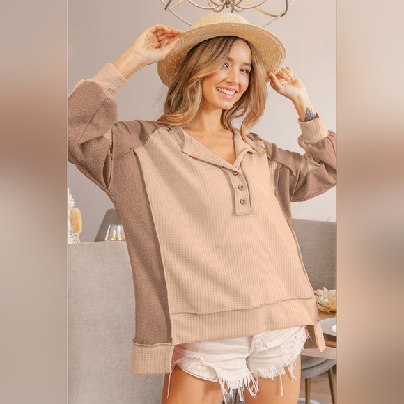 BiBi | Tops | Bibi Half Button Exposed Seam Contrast Waffle Top | Poshmark